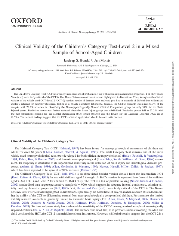 (PDF) Clinical Validity of the Children's Category Test-Level 2 in a ...