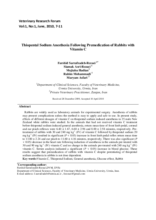 (PDF) Thiopental Sodium Anesthesia Following Premedication of Rabbits ...