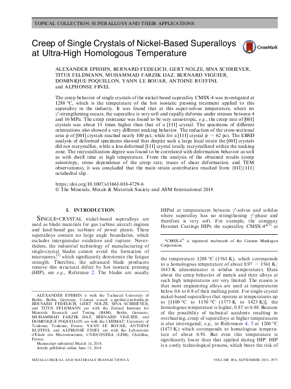 (PDF) Creep of Single Crystals of Nickel-Based Superalloys at Ultra ...
