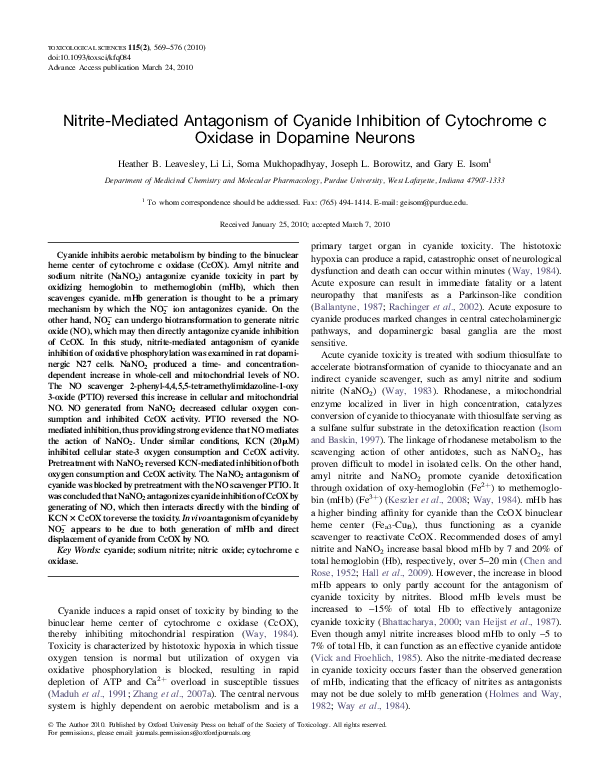 (PDF) Nitrite-Mediated Antagonism of Cyanide Inhibition of Cytochrome c ...