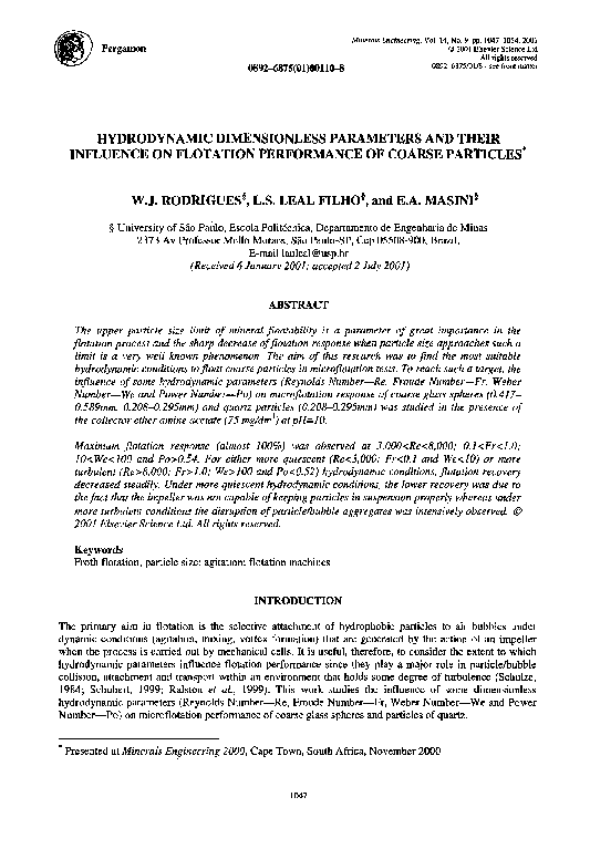 (PDF) Hydrodynamic dimensionless parameters and their influence on flotation performance of ...