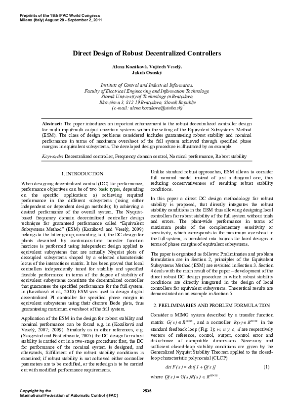 (PDF) Direct Design of Robust Decentralized Controllers