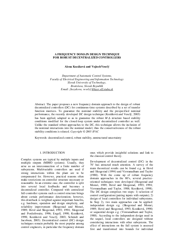Pdf A Frequency Domain Design Technique For Robust Decentralized