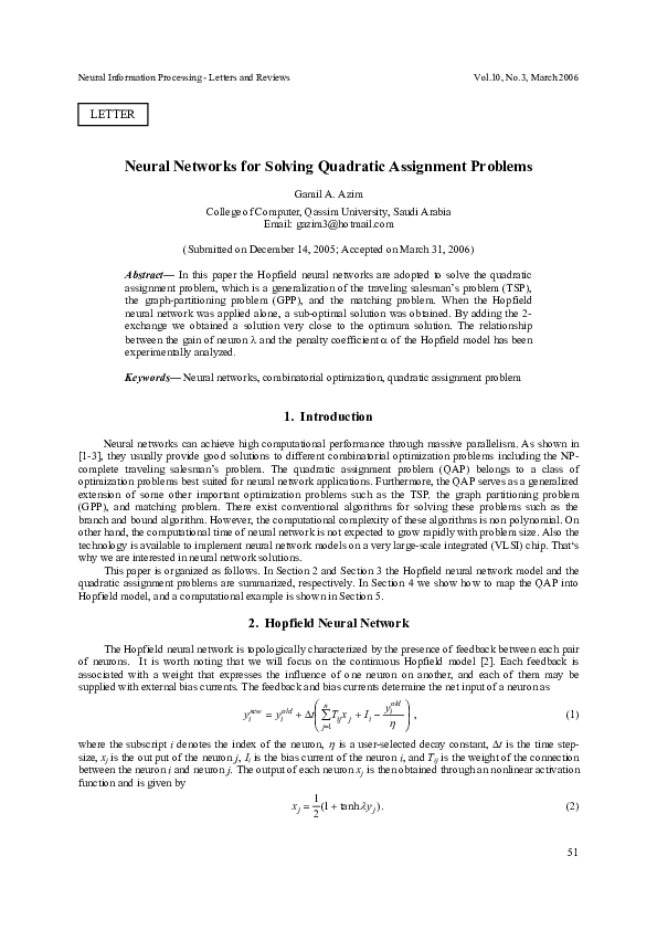(PDF) Neural Networks for Solving Quadratic Assignment Problems