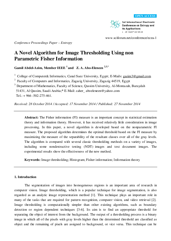 (PDF) A Novel Algorithm for Image Thresholding Using Non-Parametric Fisher Information