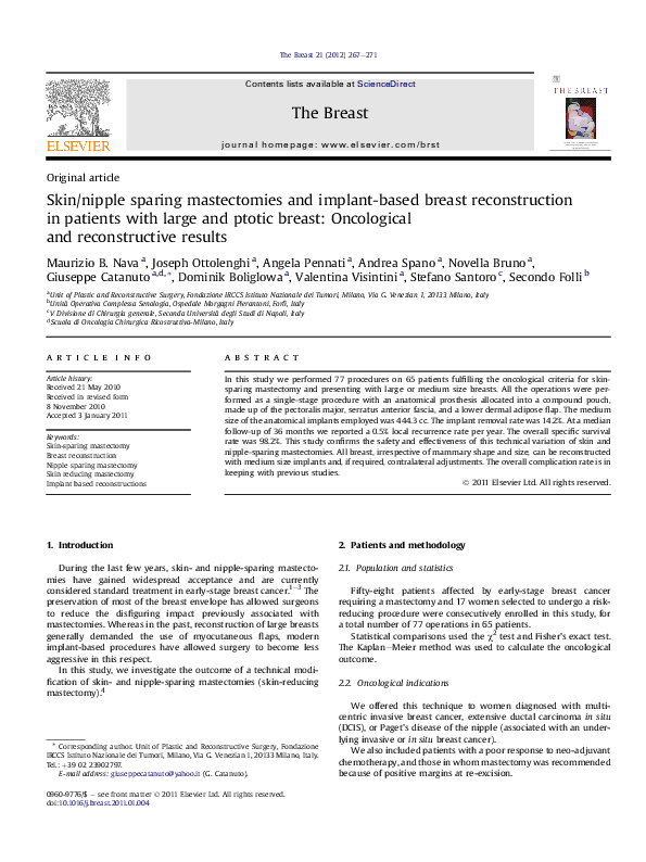 (PDF) Skin/nipple sparing mastectomies and implant-based breast ...