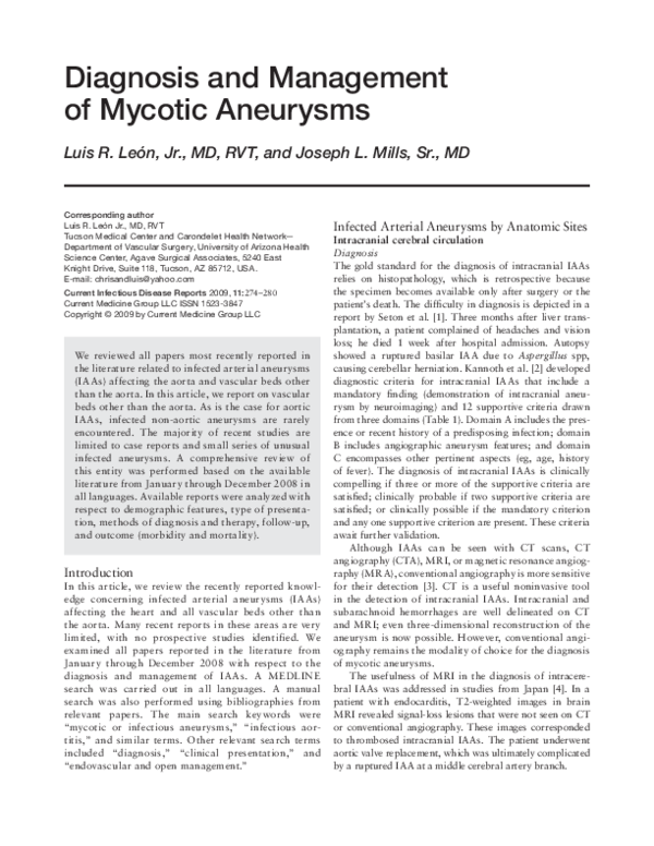 (PDF) Diagnosis and management of mycotic aneurysms