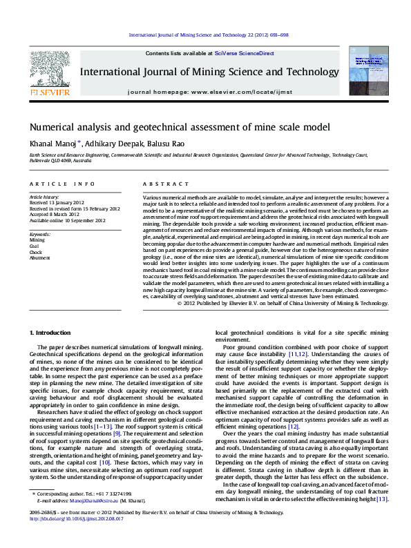 (PDF) Numerical analysis and geotechnical assessment of mine scale model