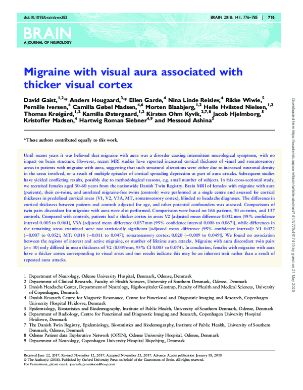 (PDF) Migraine with visual aura associated with thicker visual cortex