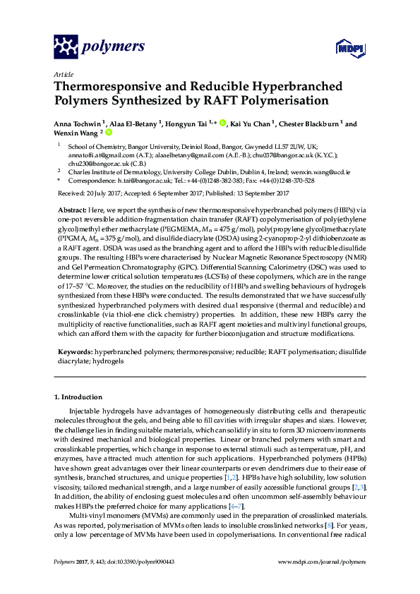 (PDF) Thermoresponsive and Reducible Hyperbranched Polymers Synthesized ...