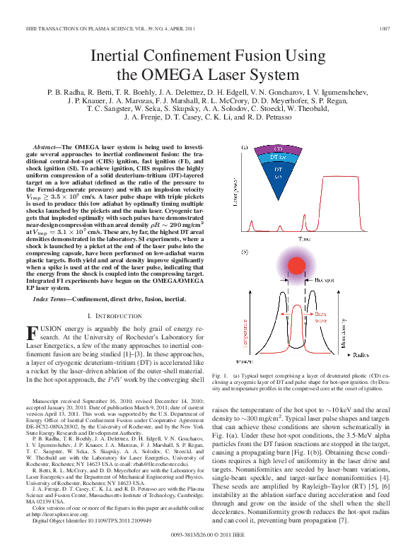 (PDF) Inertial Confinement Fusion Using the OMEGA Laser System