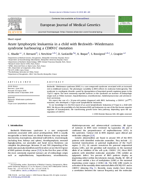 (PDF) Acute lymphocytic leukaemia in a child with Beckwith–Wiedemann ...