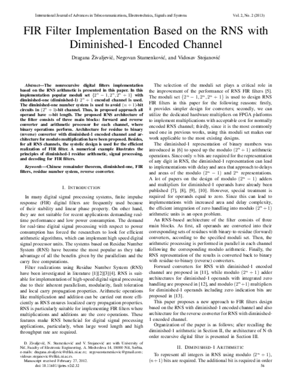 Pdf Fir Filter Implementation Based On The Rns With Diminished 1