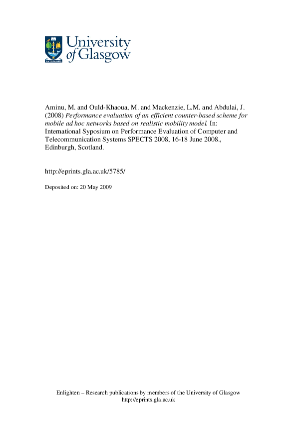 Pdf Performance Evaluation Of An Efficient Counter Based Scheme For Mobile Ad Hoc Networks