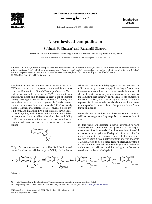(PDF) A synthesis of camptothecin