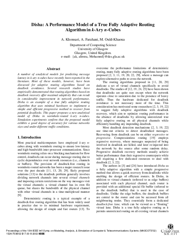 (PDF) Disha: a performance model of a true fully adaptive routing algorithm in k-ary n-cubes