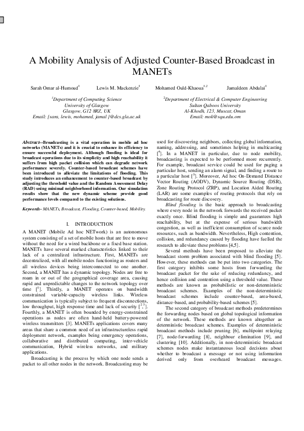 (PDF) A mobility analysis of adjusted counter-based broadcast in MANETs
