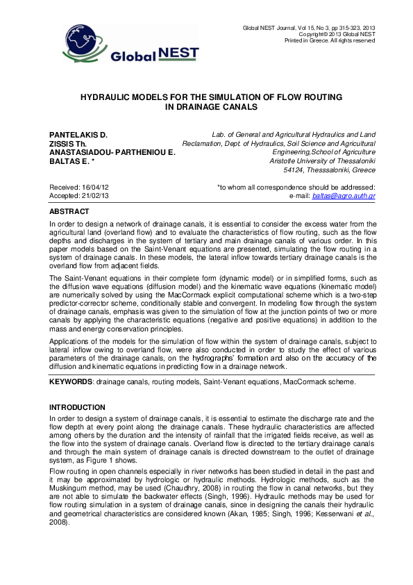 (PDF) Hydraulic models for the simulation of flow routing in drainage ...