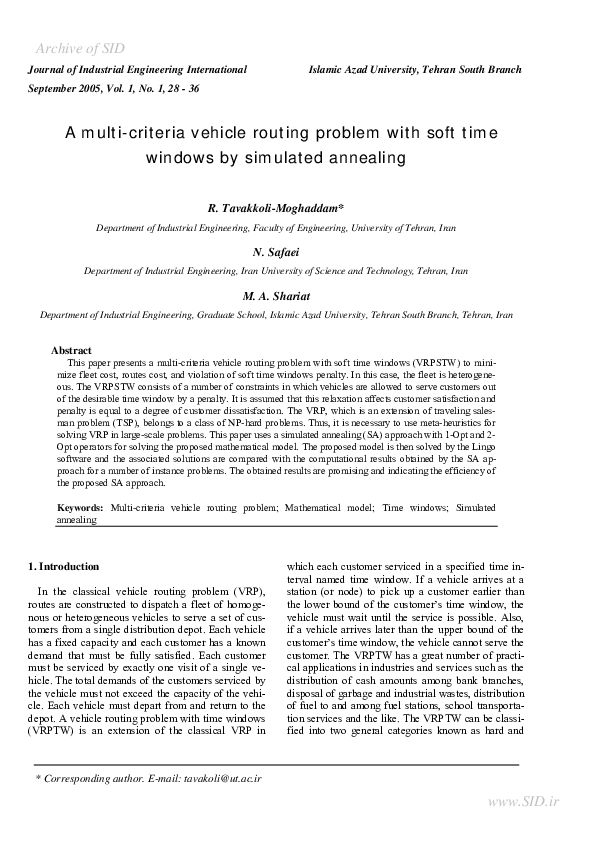Pdf A Multi Criteria Vehicle Routing Problem With Soft Time Windows By Simulated Annealing