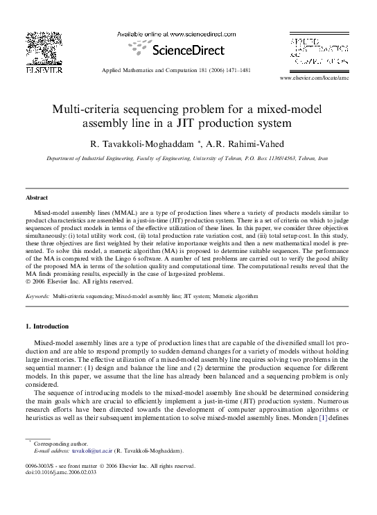Pdf Multi Criteria Sequencing Problem For A Mixed Model Assembly Line In A Jit Production System