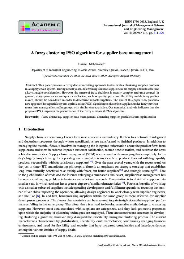 (PDF) A fuzzy clustering PSO algorithm for supplier base management