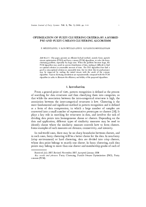 Pdf Optimization Of Fuzzy Clustering Criteria By A Hybrid Pso And