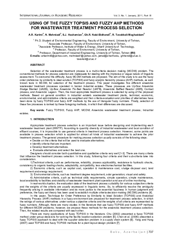 (PDF) Using of the fuzzy TOPSIS , fuzzy AHP method for wastewater treatment process selection