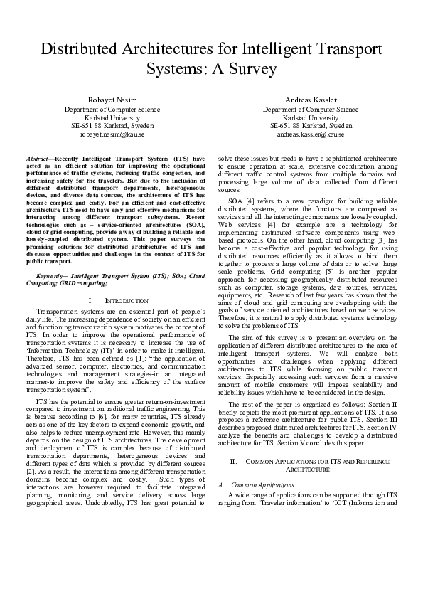 (PDF) Distributed Architectures for Intelligent Transport Systems: A Survey