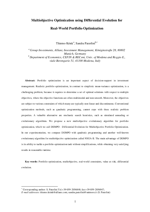 (PDF) Multiobjective optimization using differential evolution for real-world portfolio optimization
