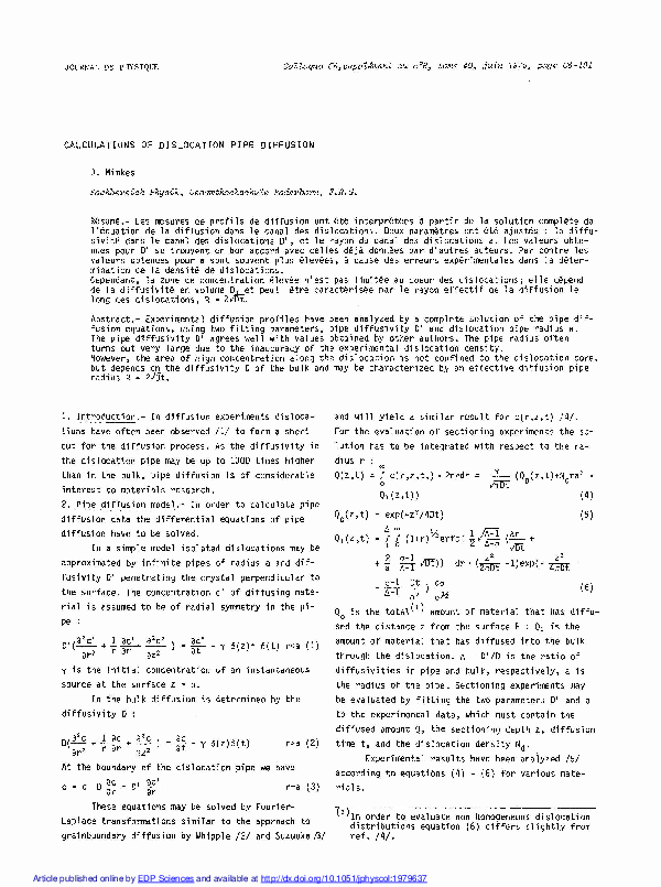 (PDF) Calculations of Dislocation Pipe Diffusion | Jürgen Mimkes - Academia.edu