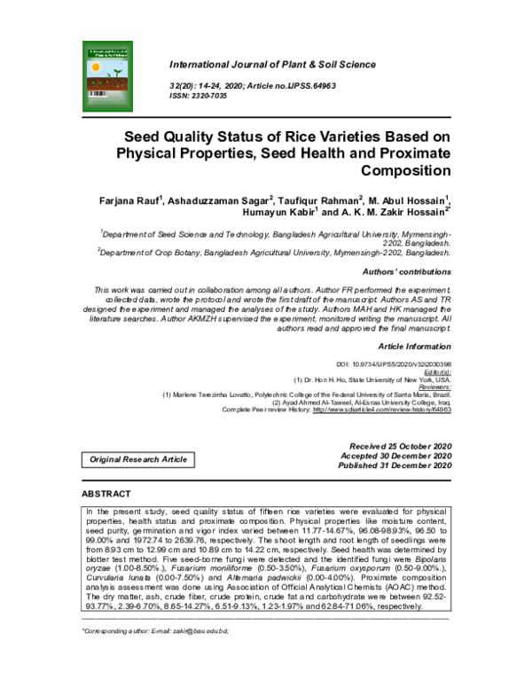 (PDF) Seed Quality Status of Rice Varieties Based on Physical ...