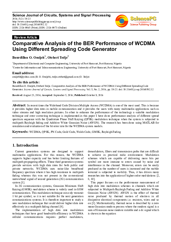 (PDF) Comparative Analysis of the BER Performance of WCDMA Using Different Spreading Code Generator