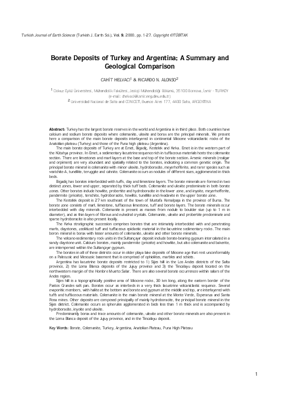 (PDF) Borate Deposits of Turkey and Argentina; A Summary and Geological ...