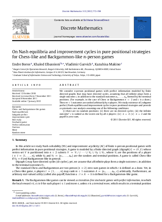 (PDF) On Nash equilibria and improvement cycles in pure positional ...