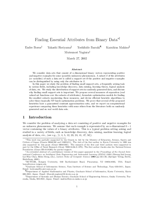 (PDF) Finding Essential Attributes in Binary Data | Endre Boros ...