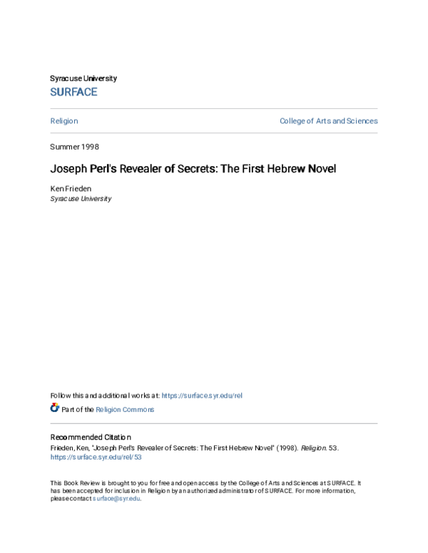 (PDF) Joseph Perl's Revealer of Secrets: The First Hebrew Novel
