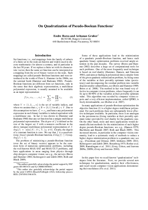 (PDF) On quadratization of pseudo-boolean functions