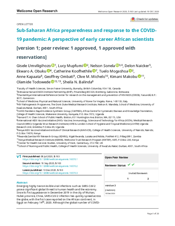 (PDF) Sub-Saharan Africa preparedness and response to the COVID-19 pandemic: A perspective of ...