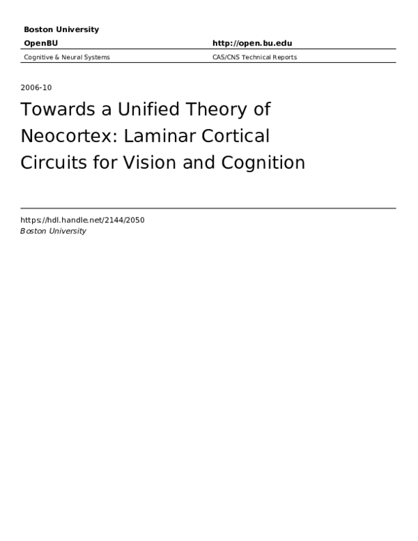 (PDF) Towards a unified theory of neocortex: laminar cortical circuits ...