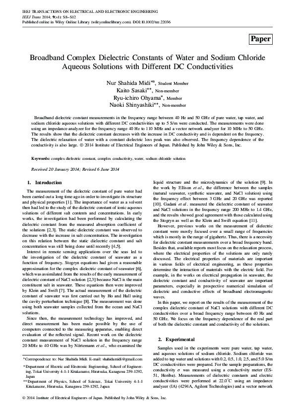 (PDF) Broadband complex dielectric constants of water and sodium chloride aqueous solutions with ...