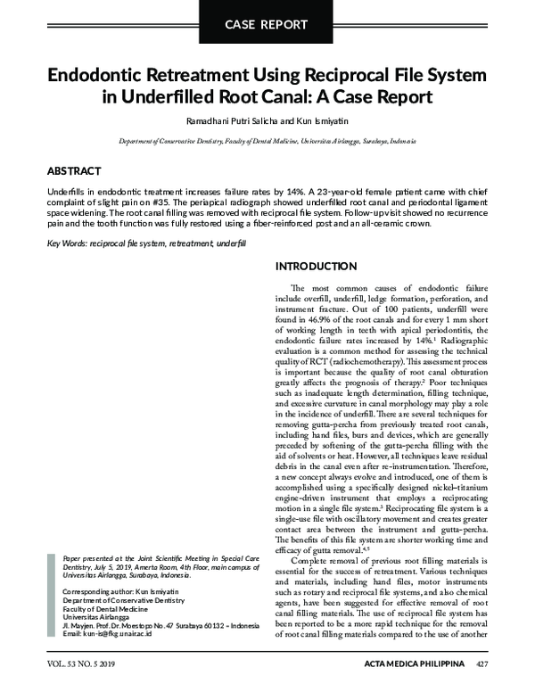 (PDF) Endodontic Retreatment Using Reciprocal File System in ...
