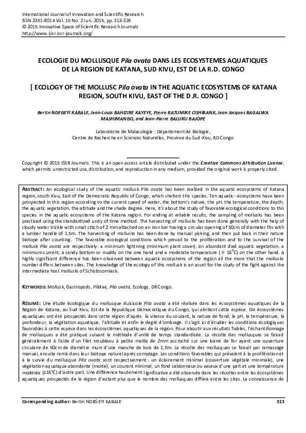 (PDF) ECOLOGY OF THE MOLLUSC Pila ovata IN THE AQUATIC ECOSYSTEMS OF KATANA REGION, SOUTH KIVU ...
