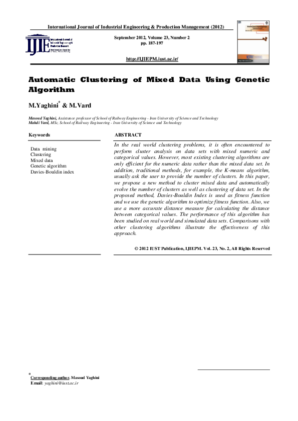 (PDF) Automatic Clustering of Mixed Data Using Genetic Algorithm