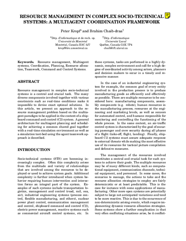 (PDF) Resource Management In Complex Socio-Technical Systems: A Multiagent Coordination Framework