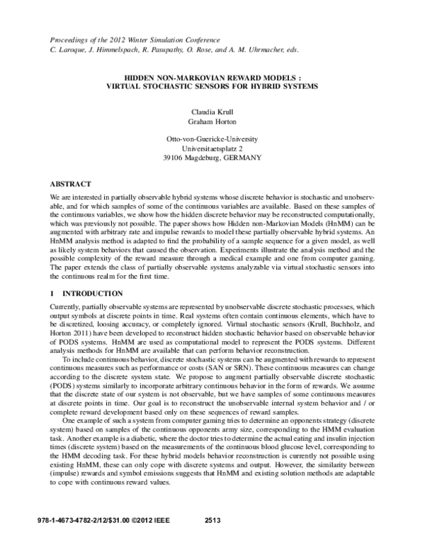 (PDF) Hidden non-Markovian reward Models : Virtual stochastic sensors for hybrid systems