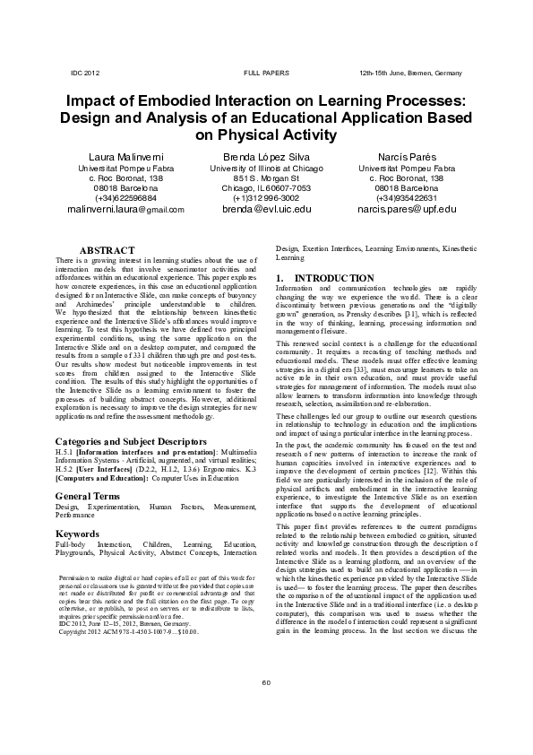 (PDF) Impact of embodied interaction on learning processes: design and analysis of an ...