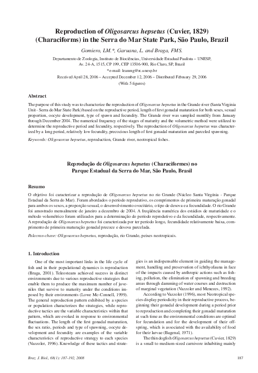 (PDF) Reproduction of Oligosarcus hepsetus (Cuvier, 1829) (Characiforms ...