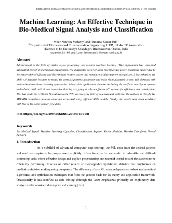 (PDF) Machine Learning:An Effective Technique in Bio-Medical Signal ...