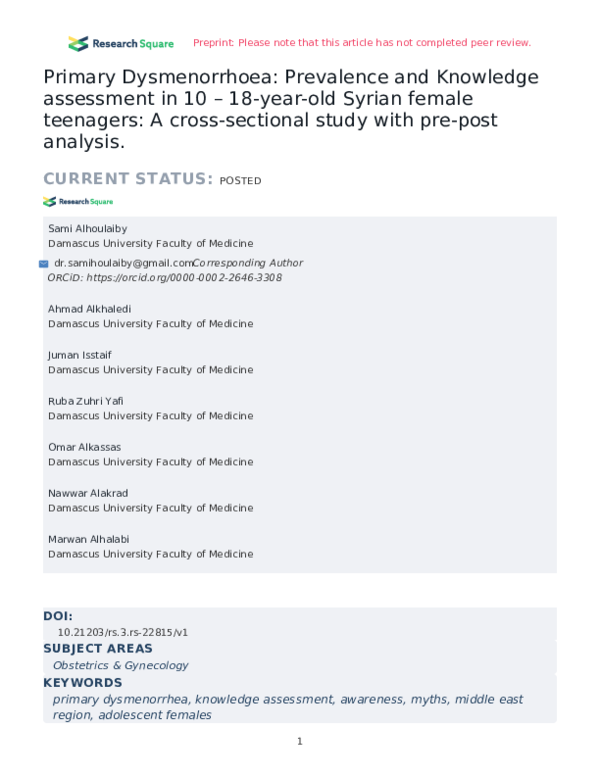 (PDF) Primary Dysmenorrhoea: Prevalence and Knowledge assessment in 10 ...