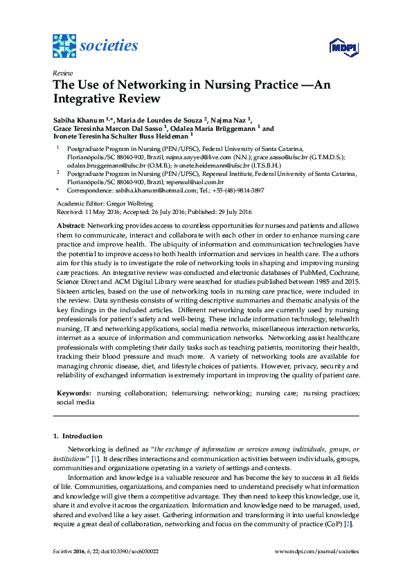 (PDF) The Use of Networking in Nursing Practice —An Integrative Review